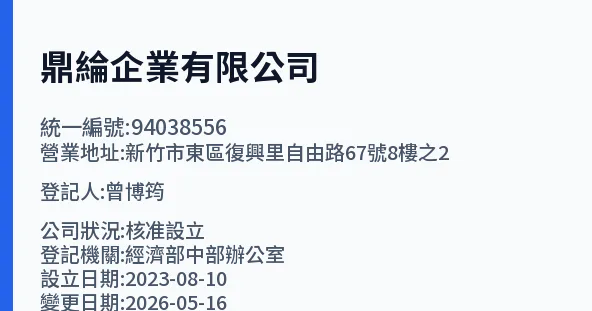 鼎綸企業有限公司的照片-統編 94038556(新竹市) 公司登記資料與營業項目詳細圖表
