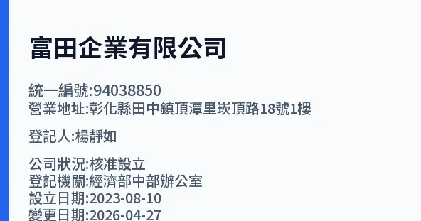 富田企業有限公司的照片-統編 94038850(彰化縣) 公司登記資料與營業項目詳細圖表