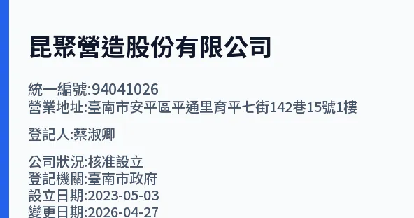 昆聚營造股份有限公司的照片-統編 94041026(臺南市) 公司登記資料與營業項目詳細圖表