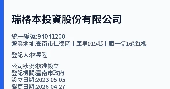 瑞格本投資股份有限公司的照片-統編 94041200(臺南市) 公司登記資料與營業項目詳細圖表