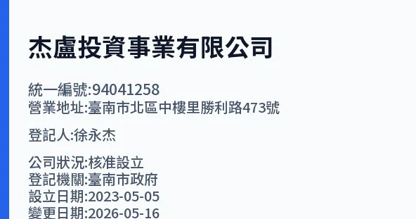 杰盧投資事業有限公司的照片-統編 94041258(臺南市) 公司登記資料與營業項目詳細圖表