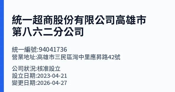 統一超商股份有限公司高雄市第八六二分公司的照片-統編 94041736(高雄市) 公司登記資料與營業項目詳細圖表