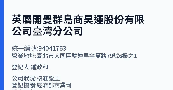 英屬開曼群島商昊運股份有限公司臺灣分公司的照片-統編 94041763(臺北市) 公司登記資料與營業項目詳細圖表