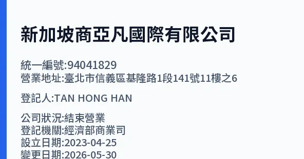 新加坡商亞凡國際有限公司的照片-統編 94041829(臺北市) 公司登記資料與營業項目詳細圖表