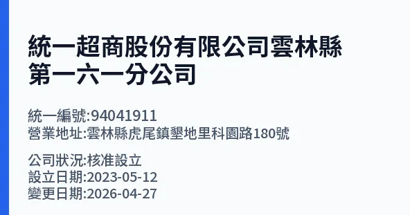統一超商股份有限公司雲林縣第一六一分公司的照片-統編 94041911(雲林縣) 公司登記資料與營業項目詳細圖表