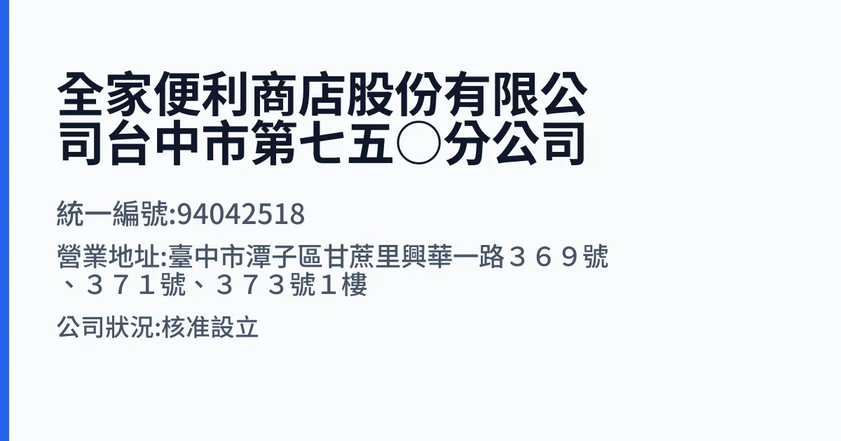 全家便利商店股份有限公司台中市第七五○分公司 - 統編 94042518(臺中市) 公司登記資料與營業項目詳細圖表