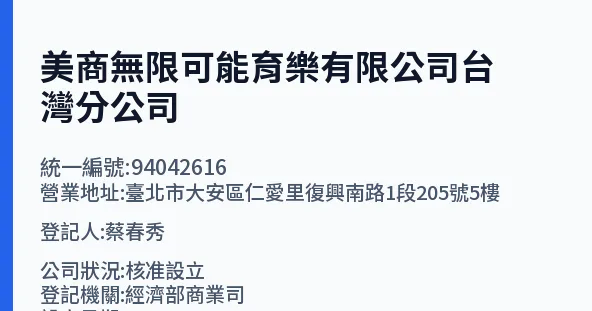 美商無限可能育樂有限公司台灣分公司的照片-統編 94042616(臺北市) 公司登記資料與營業項目詳細圖表