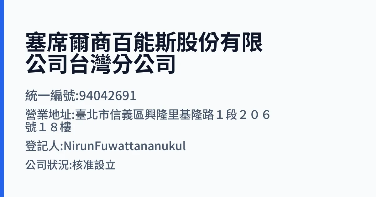 塞席爾商百能斯股份有限公司台灣分公司 - 統編 94042691(臺北市) 公司登記資料與營業項目詳細圖表