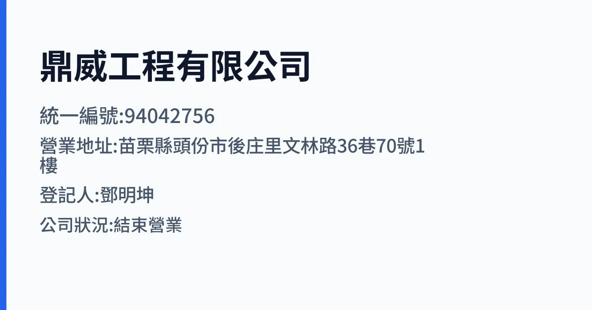 鼎威工程有限公司 - 統編 94042756(苗栗縣) 公司登記資料與營業項目詳細圖表