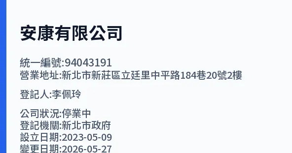 安康有限公司的照片-統編 94043191(新北市) 公司登記資料與營業項目詳細圖表