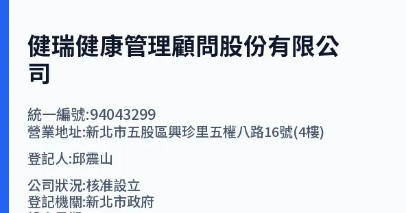健瑞健康管理顧問股份有限公司的照片-統編 94043299(新北市) 公司登記資料與營業項目詳細圖表