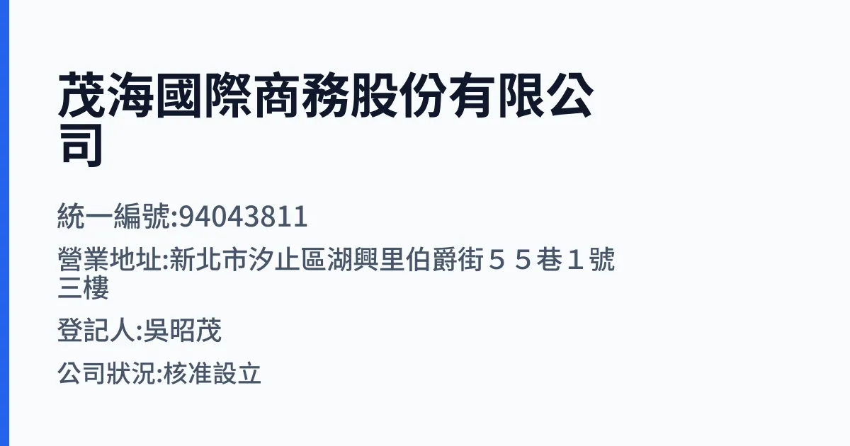 茂海國際商務股份有限公司 - 統編 94043811 (新北市) 公司登記資料與營業項目詳細圖表