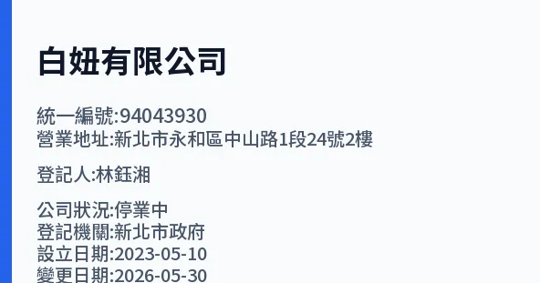 白妞有限公司的照片-統編 94043930(新北市) 公司登記資料與營業項目詳細圖表