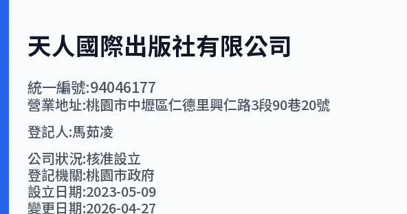 天人國際出版社有限公司的照片-統編 94046177(桃園市) 公司登記資料與營業項目詳細圖表