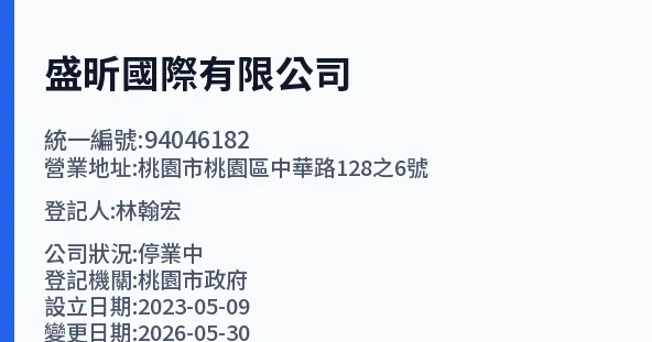 盛昕國際有限公司的照片-統編 94046182(桃園市) 公司登記資料與營業項目詳細圖表