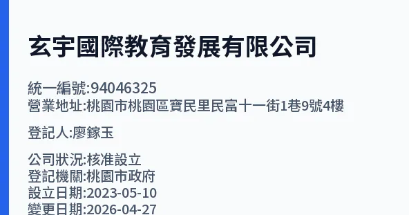 玄宇國際教育發展有限公司的照片-統編 94046325(桃園市) 公司登記資料與營業項目詳細圖表