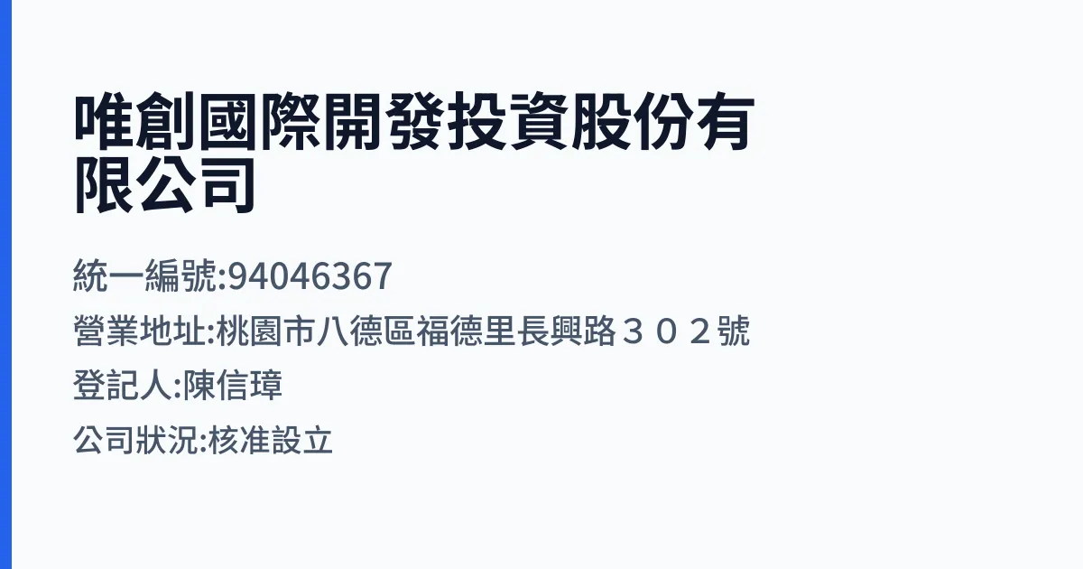 唯創國際開發投資股份有限公司 - 統編 94046367(桃園市) 公司登記資料與營業項目詳細圖表