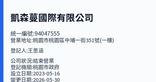 凱森蔓國際有限公司的照片-統編 94047555(桃園市) 公司登記資料與營業項目詳細圖表