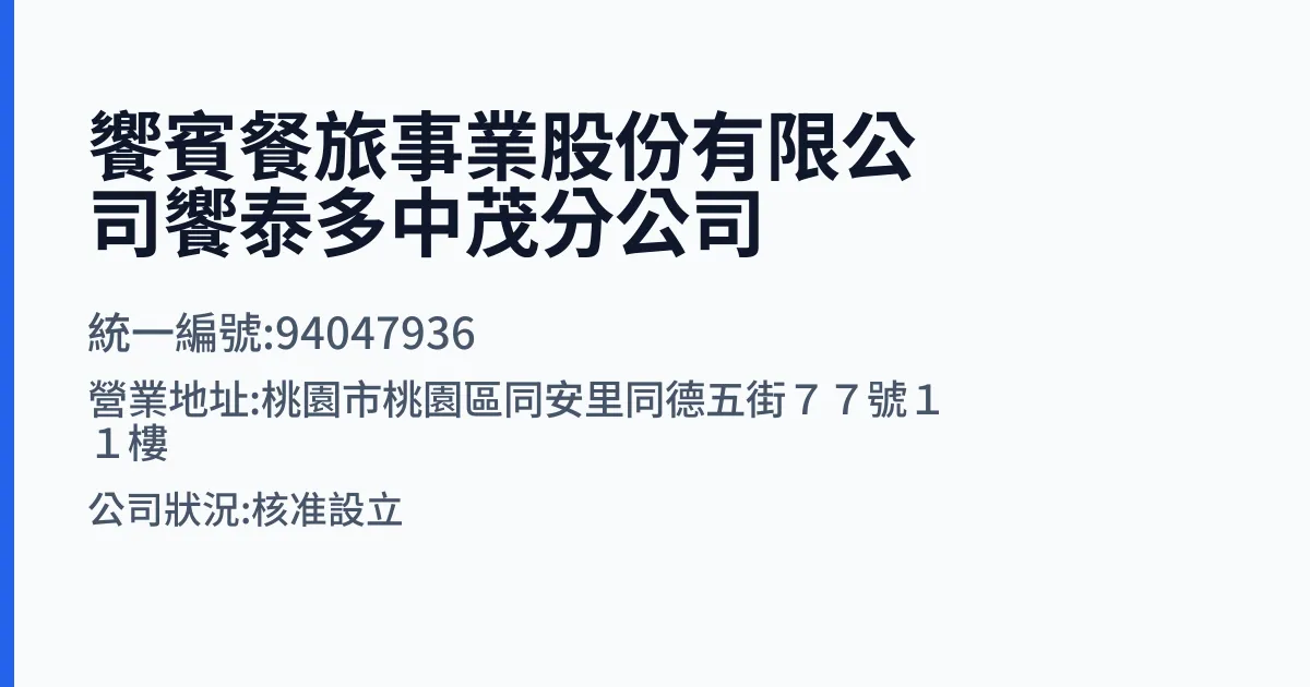 饗賓餐旅事業股份有限公司饗泰多中茂分公司 - 統編 94047936(桃園市) 公司登記資料與營業項目詳細圖表