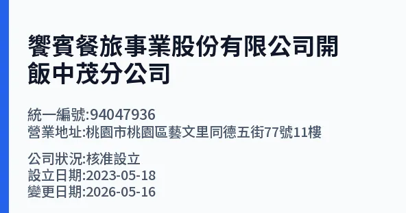 饗賓餐旅事業股份有限公司開飯中茂分公司的照片-統編 94047936(桃園市) 公司登記資料與營業項目詳細圖表