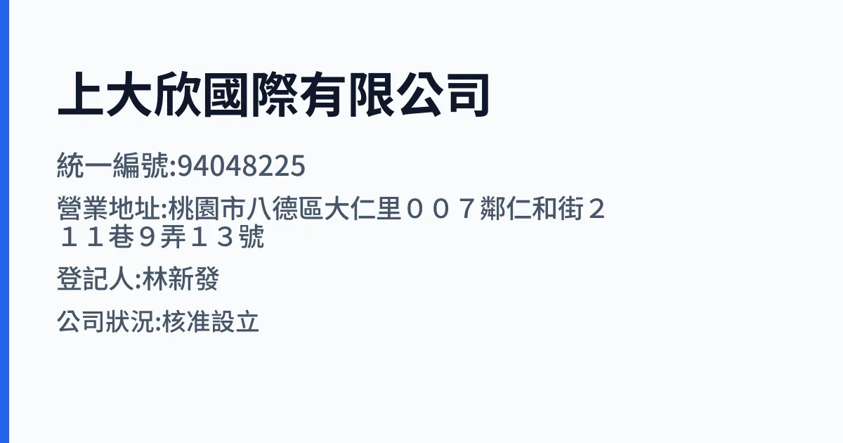 上大欣國際有限公司 - 統編 94048225(桃園市) 公司登記資料與營業項目詳細圖表