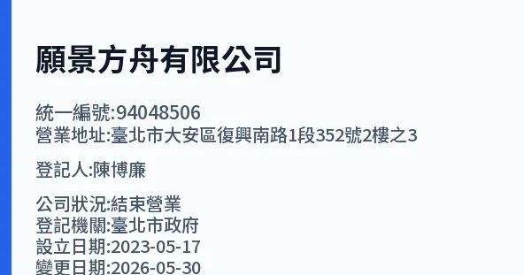 願景方舟有限公司的照片-統編 94048506(臺北市) 公司登記資料與營業項目詳細圖表