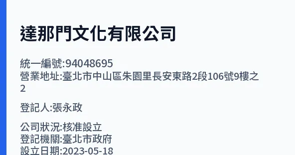 達那門文化有限公司的照片-統編 94048695(臺北市) 公司登記資料與營業項目詳細圖表