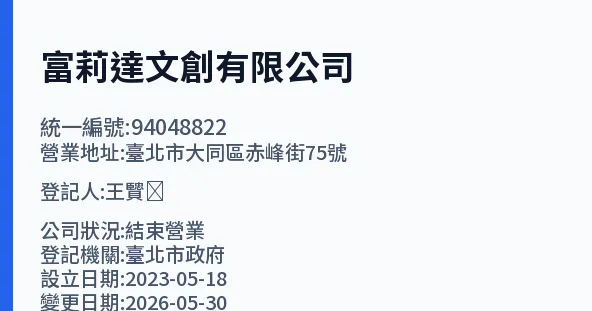 富莉達文創有限公司的照片-統編 94048822(臺北市) 公司登記資料與營業項目詳細圖表