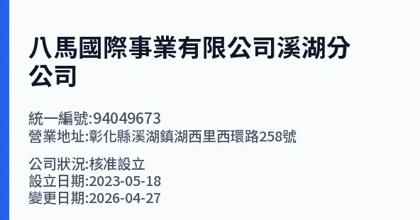 八馬國際事業有限公司溪湖分公司的照片-統編 94049673(彰化縣) 公司登記資料與營業項目詳細圖表