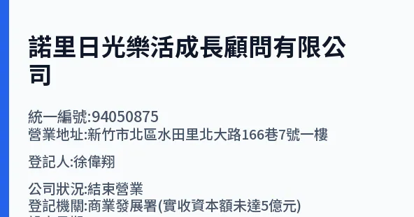 諾里日光樂活成長顧問有限公司的照片-統編 94050875(新竹市) 公司登記資料與營業項目詳細圖表