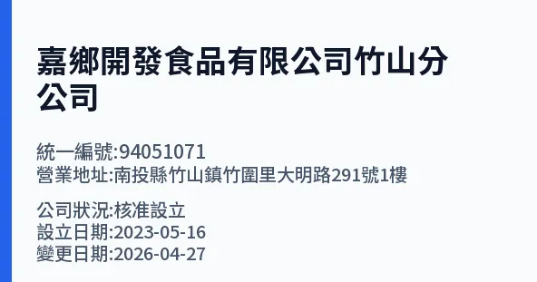 嘉鄉開發食品有限公司竹山分公司的照片-統編 94051071(南投縣) 公司登記資料與營業項目詳細圖表