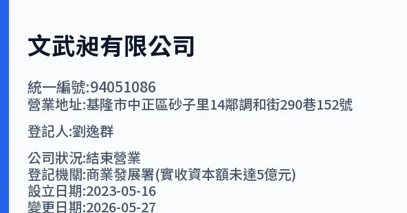 文武昶有限公司的照片-統編 94051086(基隆市) 公司登記資料與營業項目詳細圖表