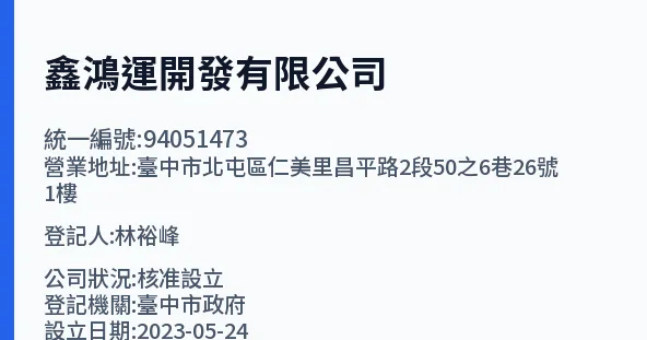 鑫鴻運開發有限公司的照片-統編 94051473(臺中市) 公司登記資料與營業項目詳細圖表