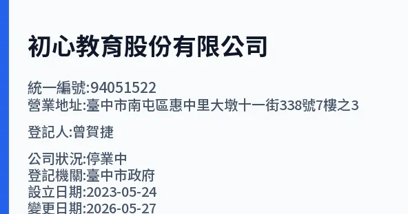 初心教育股份有限公司的照片-統編 94051522(臺中市) 公司登記資料與營業項目詳細圖表