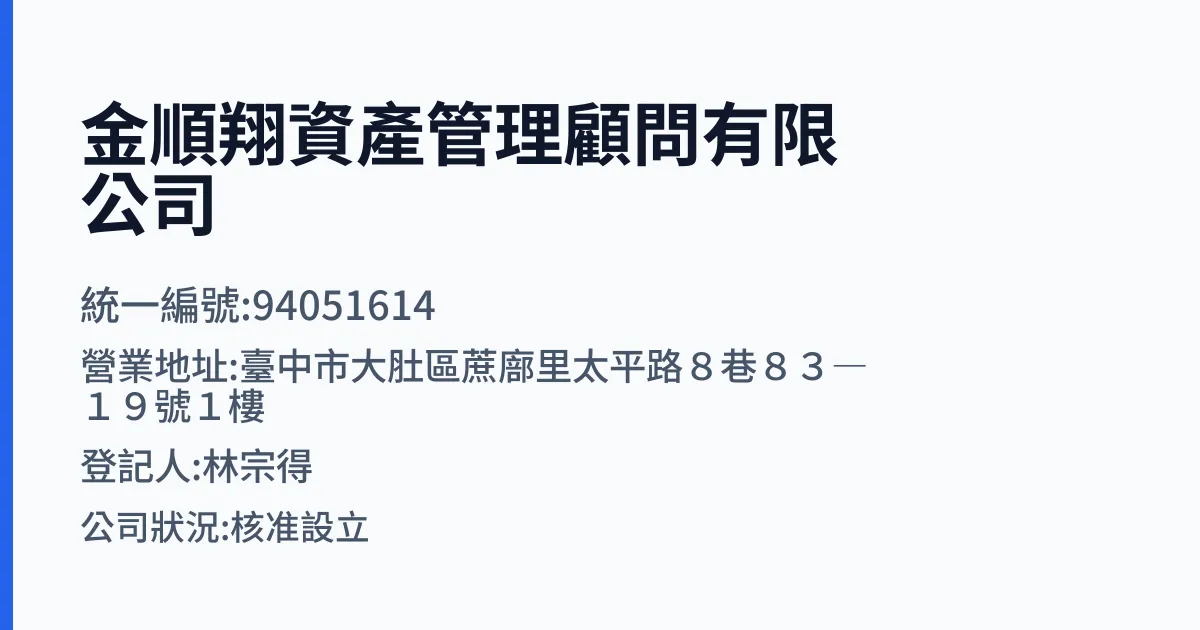 金順翔資產管理顧問有限公司 - 統編 94051614(臺中市) 公司登記資料與營業項目詳細圖表