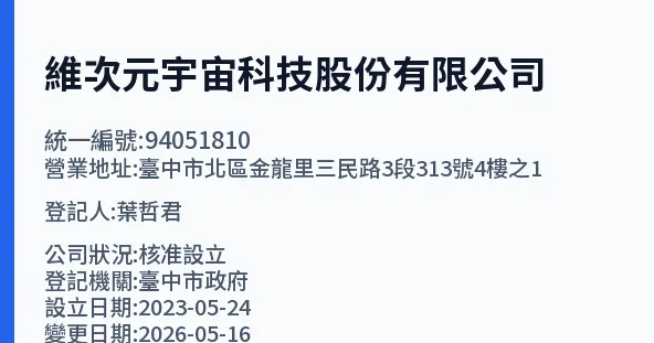 維次元宇宙科技股份有限公司的照片-統編 94051810(臺中市) 公司登記資料與營業項目詳細圖表