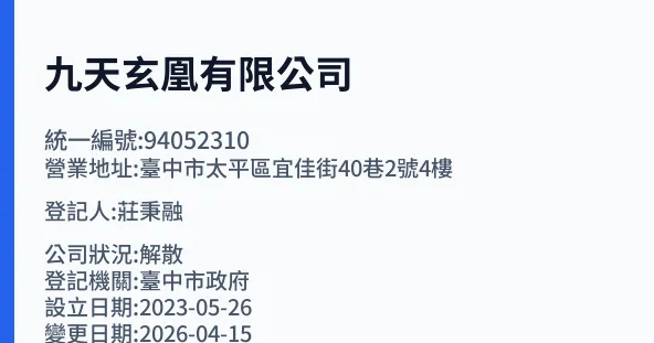 九天玄凰有限公司 - 統編 94052310(臺中市) 公司登記資料與營業項目詳細圖表