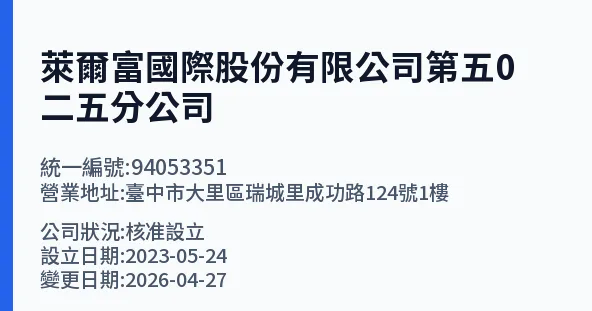 萊爾富國際股份有限公司第五0二五分公司的照片-統編 94053351(臺中市) 公司登記資料與營業項目詳細圖表