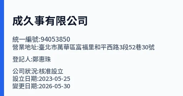 成久事有限公司的照片-統編 94053850(臺北市) 公司登記資料與營業項目詳細圖表