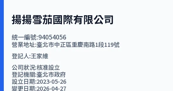 揚揚雪茄國際有限公司的照片-統編 94054056(臺北市) 公司登記資料與營業項目詳細圖表