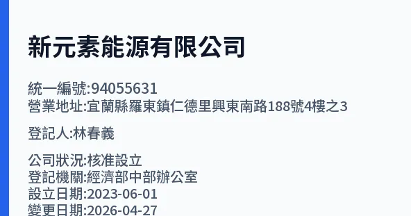 新元素能源有限公司的照片-統編 94055631(宜蘭縣) 公司登記資料與營業項目詳細圖表
