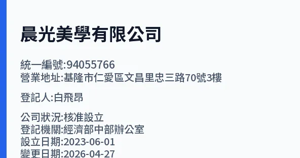 晨光美學有限公司的照片-統編 94055766(基隆市) 公司登記資料與營業項目詳細圖表