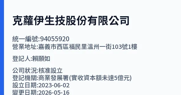 克蘿伊生技股份有限公司的照片-統編 94055920(嘉義市) 公司登記資料與營業項目詳細圖表