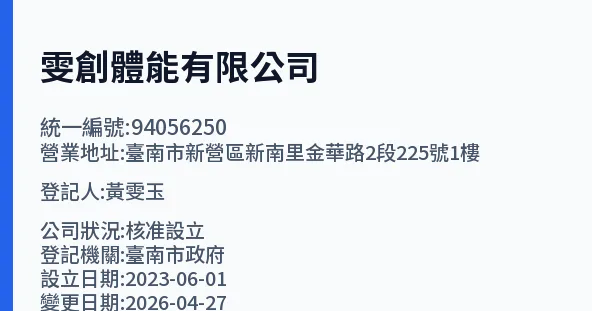 雯創體能有限公司的照片-統編 94056250(臺南市) 公司登記資料與營業項目詳細圖表