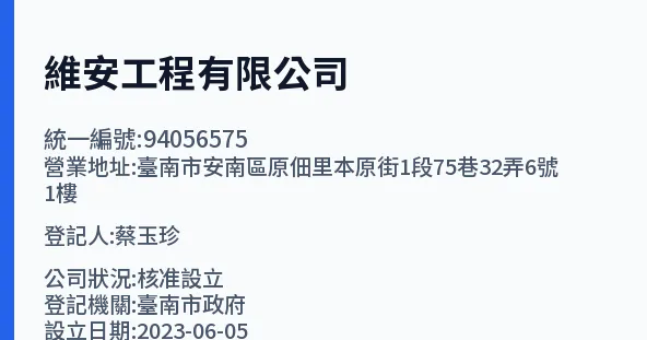 維安工程有限公司的照片-統編 94056575(臺南市) 公司登記資料與營業項目詳細圖表