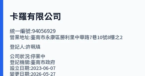 卡羅有限公司的照片-統編 94056929(臺南市) 公司登記資料與營業項目詳細圖表