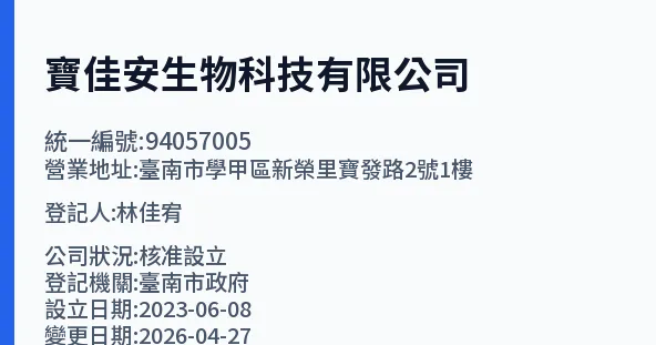 寶佳安生物科技有限公司的照片-統編 94057005(臺南市) 公司登記資料與營業項目詳細圖表