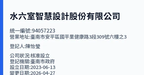 水六室智慧設計股份有限公司的照片-統編 94057223(臺南市) 公司登記資料與營業項目詳細圖表
