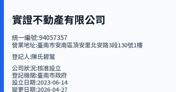 實證不動產有限公司的照片-統編 94057357(臺南市) 公司登記資料與營業項目詳細圖表