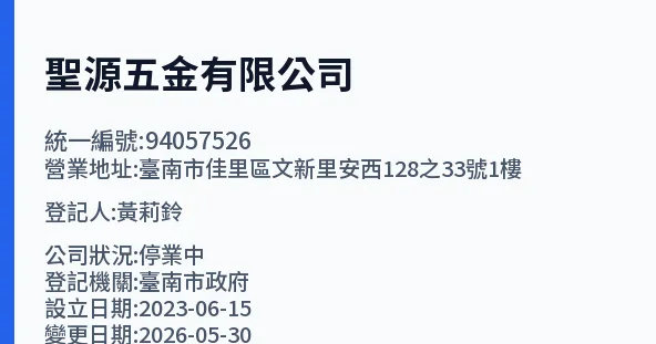 聖源五金有限公司的照片-統編 94057526(臺南市) 公司登記資料與營業項目詳細圖表